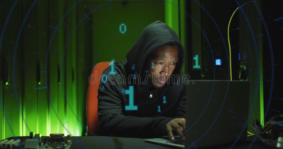 Image of Binary Coding Over African American Male Hacker with Computer and Computer Servers ...