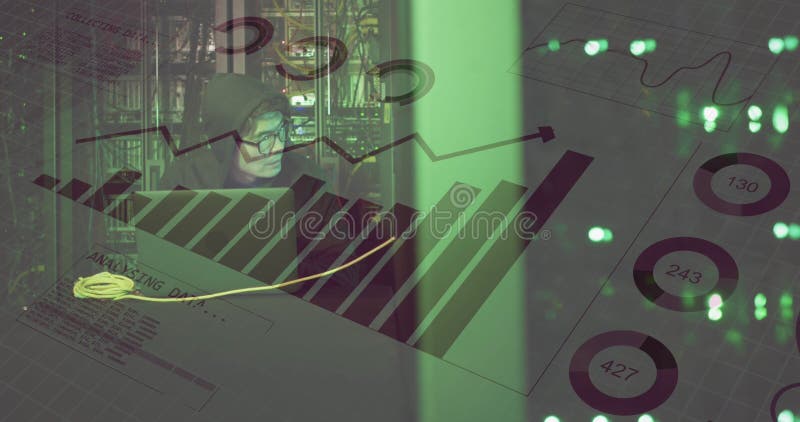 Image Of Binary Coding Over Asian Man Using Laptop By Computer Servers