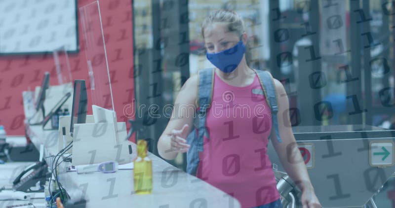 Image of Binary Coding Over Caucasian Woman with Face Mask Disinfecting ...