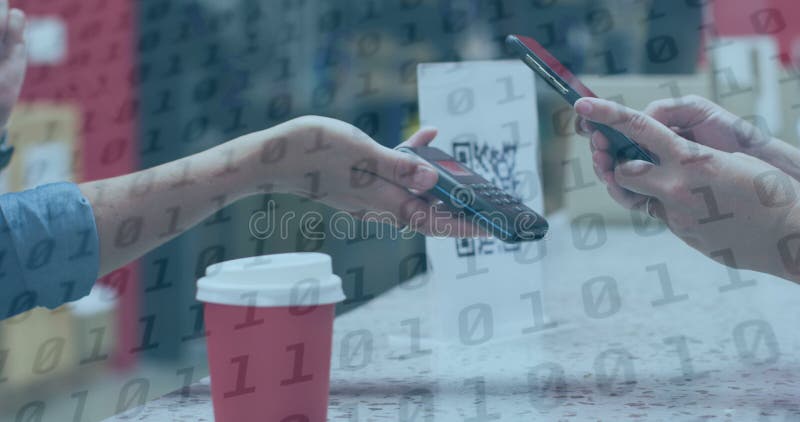 Image of Binary Coding Over Two Caucasian Women Paying with Smartphone ...