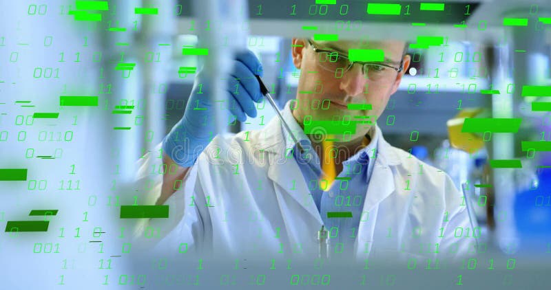 Image Of Binary Coding And Shapes Over Caucasian Male Scientist Doing