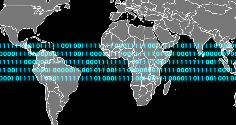 Image Of Binary Coding World Map And Data Processing Over Black Background Stock Illustration