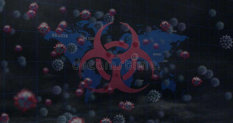 Image of Biohazard Symbol, Covid 19 Cells Moving Over World Map in ...