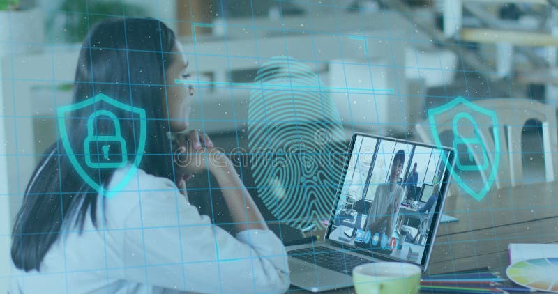Image of Biometric Fingerprint Over Woman Using Laptop on Image Call in ...