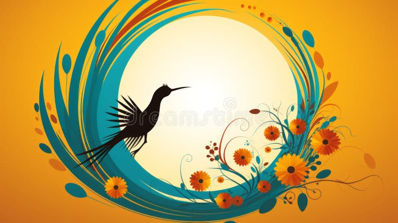 An Image of a Bird Flying through a Circular Frame with Flowers on an ...