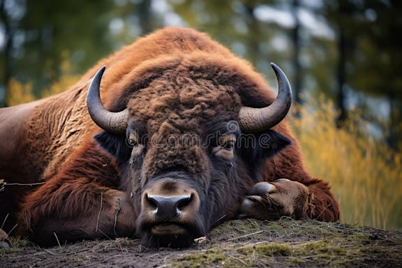 Image of Bison Sleeping Lying on the Ground in the Middle of the Grass ...