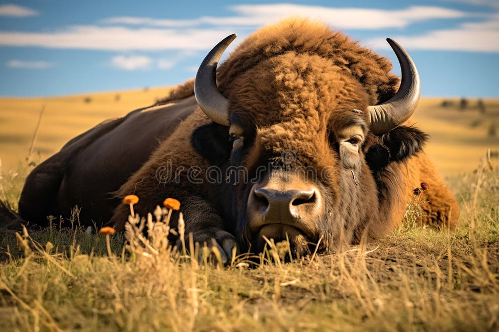 Image of Bison Sleeping Lying on the Ground in the Middle of the Grass ...