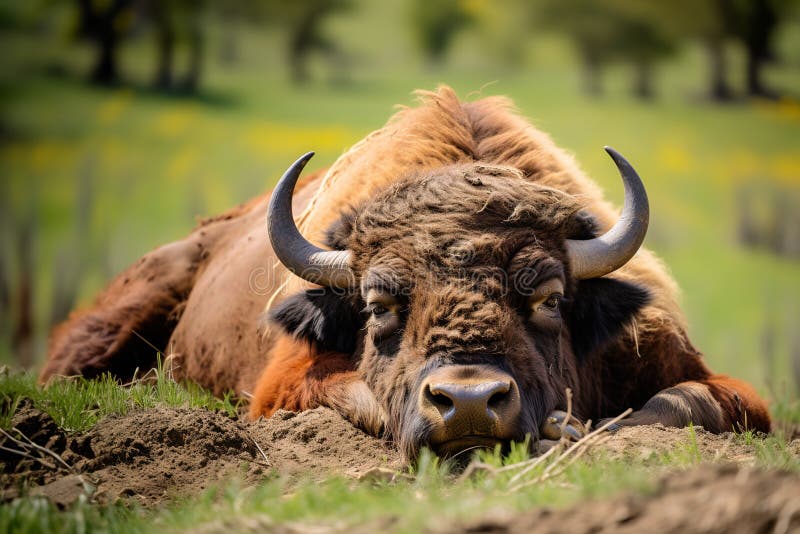 Image of Bison Sleeping Lying on the Ground in the Middle of the Grass ...