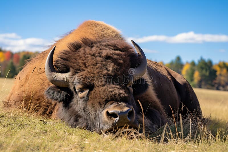 Image of Bison Sleeping Lying on the Ground in the Middle of the Grass ...