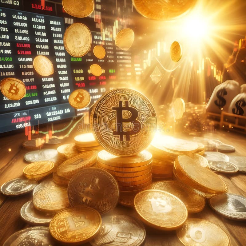 Image of Bitcoin in the Center, a Bunch of Bitcoins Lying on Top of a ...