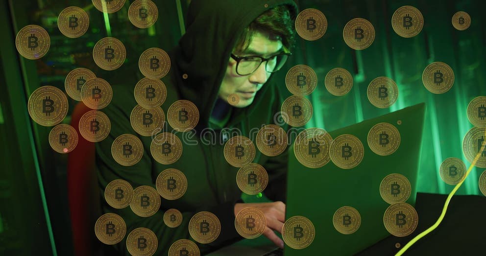 Image of Bitcoins Over Asian Male Hacker in Server Room Stock Image ...