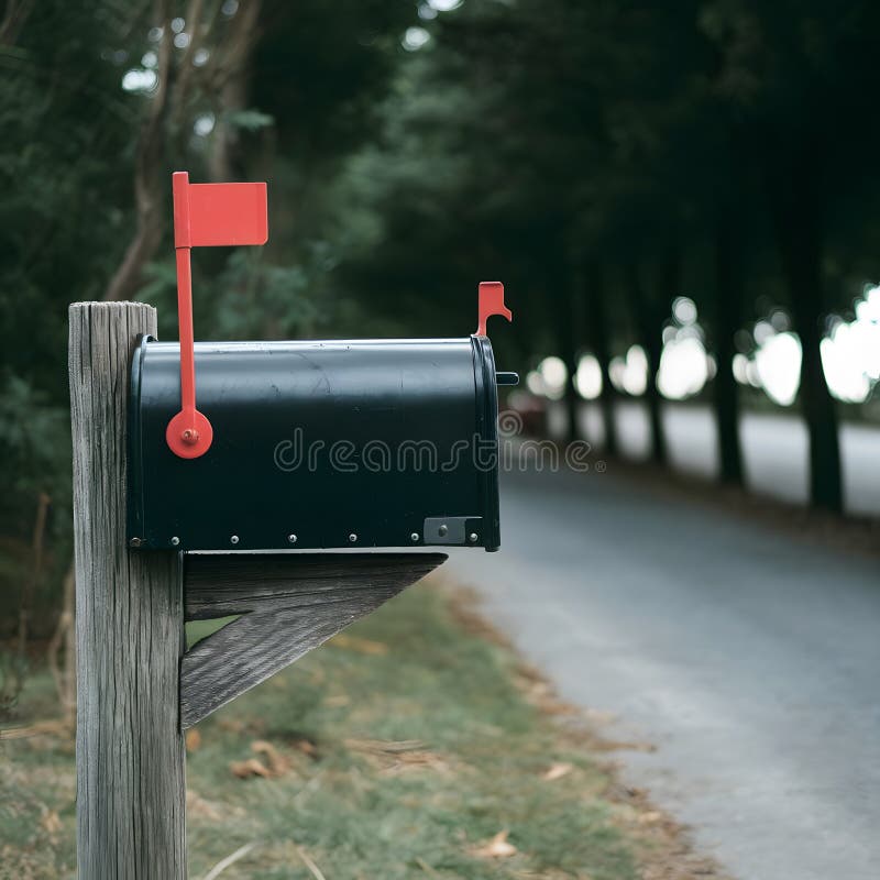 Black Mailbox with Red Flag on Wooden Post, Trees in Background, Slight ...