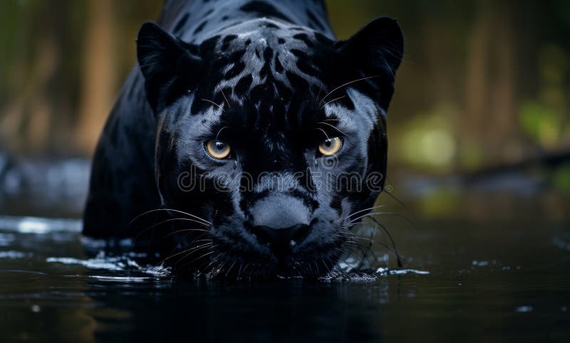 A Image of a Black Panther in the Water Stock Photo - Image of striped ...