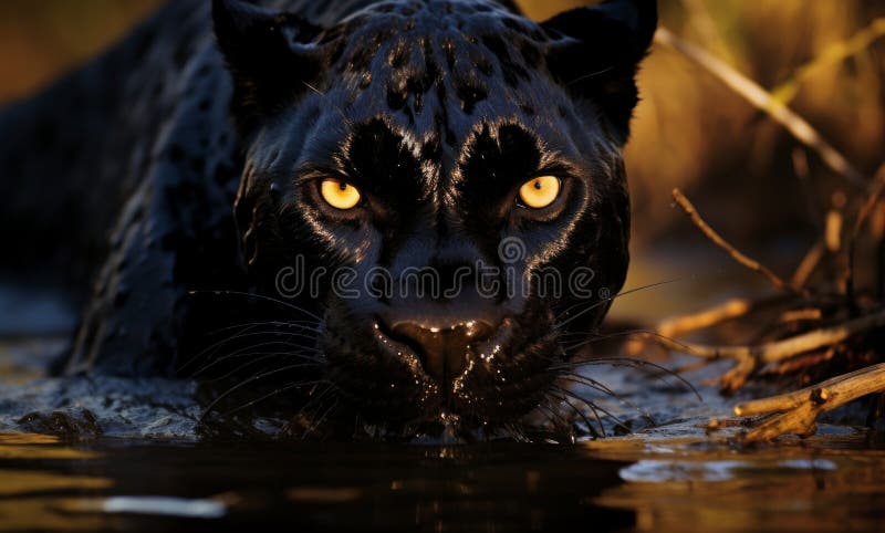 A Image of a Black Panther in the Water Stock Image - Image of leopard ...