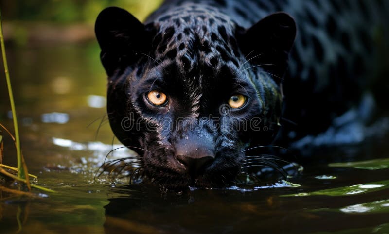 A Image of a Black Panther in the Water Stock Image - Image of ...