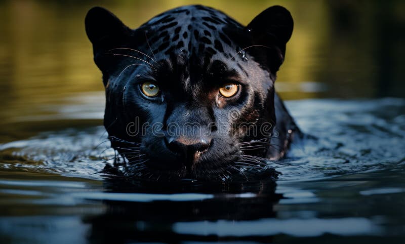 A Image of a Black Panther in the Water Stock Photo - Image of ...