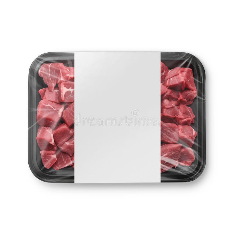 A Image of a Black Plastic Tray of Diced Meet with Label Isolated on a ...
