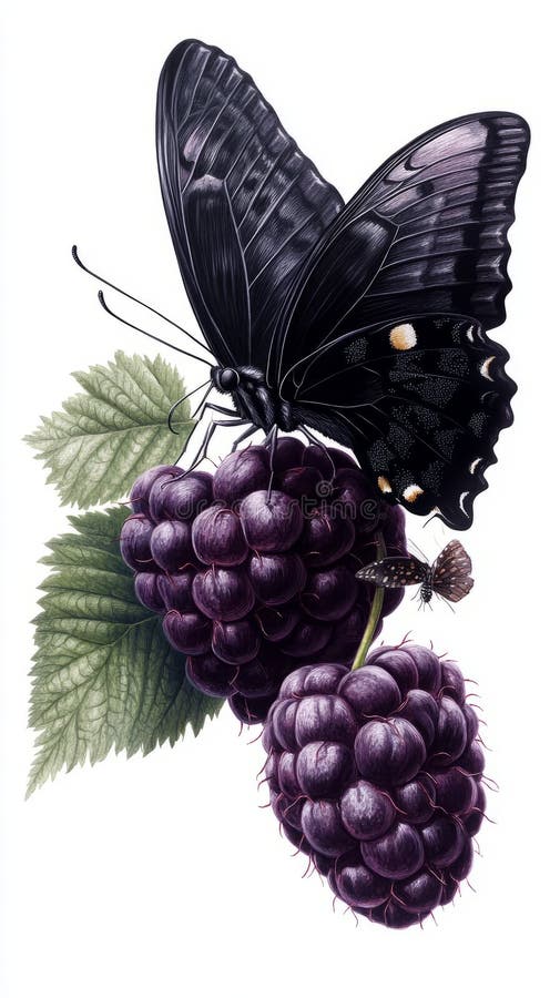 Black Raspberry with Black Butterfly on White Background Realistic ...