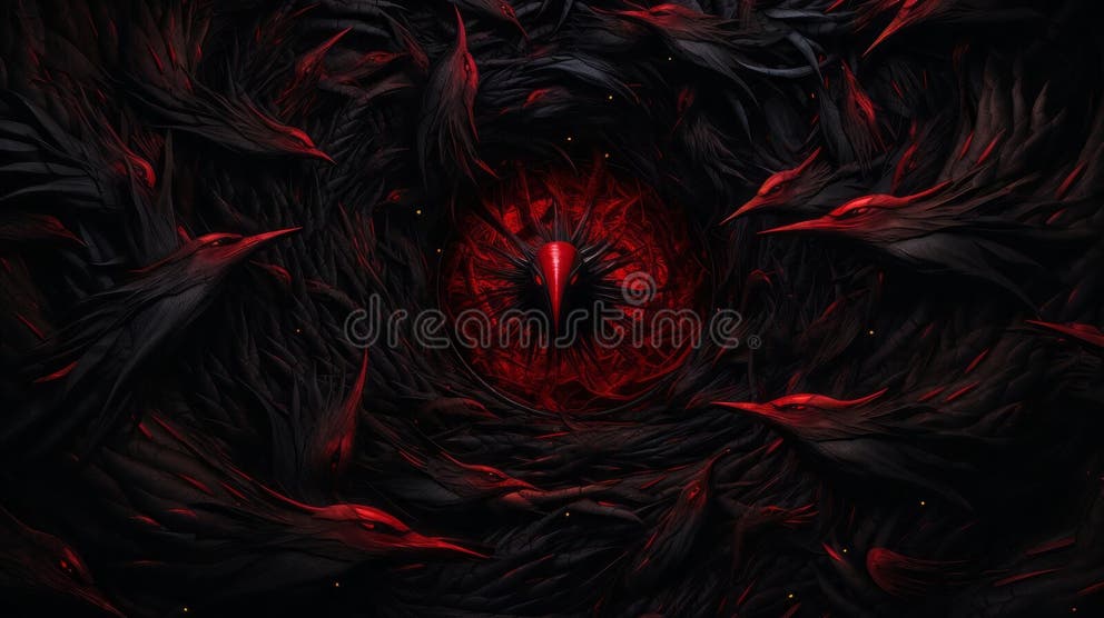 An Image of a Black and Red Eye Surrounded by Black and Red Birds Stock ...