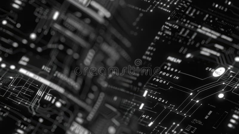 The Image is a Black and White Circuit Board with Glowing White Lines ...
