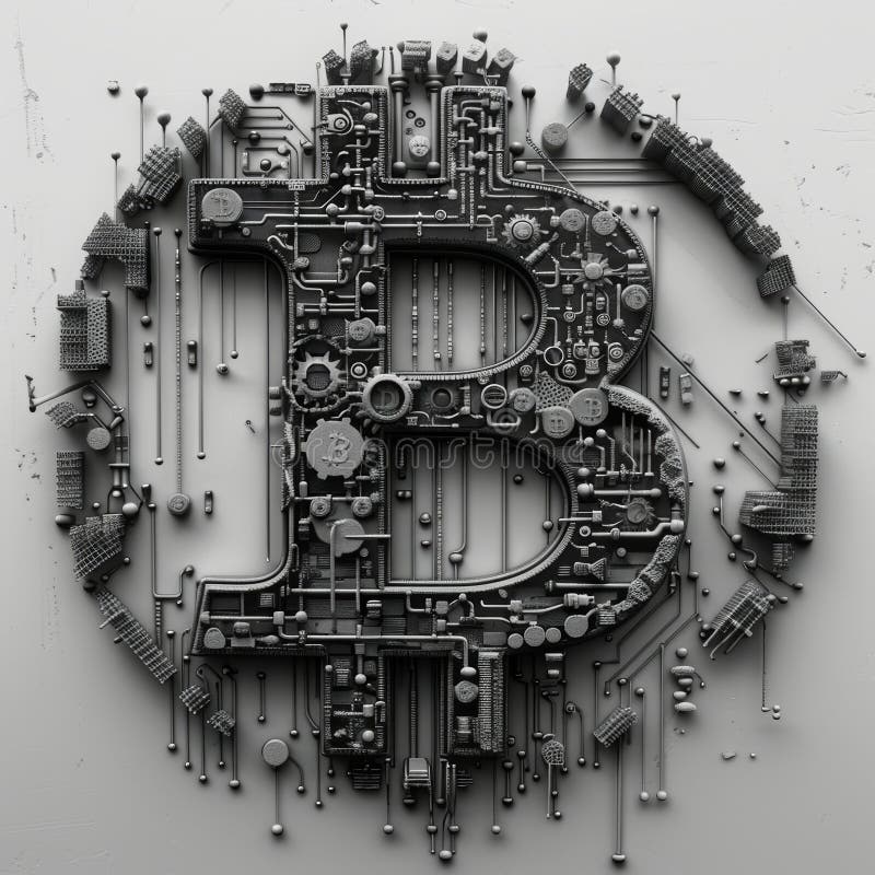 The Image is a Black and White 3D Rendering of a Bitcoin. the Bitcoin ...