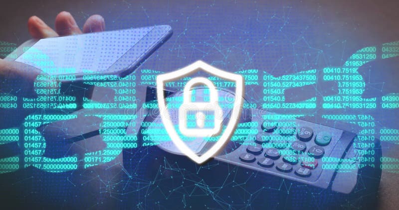 Image of Block Chain and Security Padlock on Shield Over Smartphone and ...