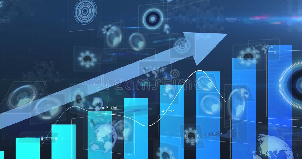 Image of Blue Arrow Pointing Up, Scopes Scanning and Data Processing on Screens Over Grid Stock ...