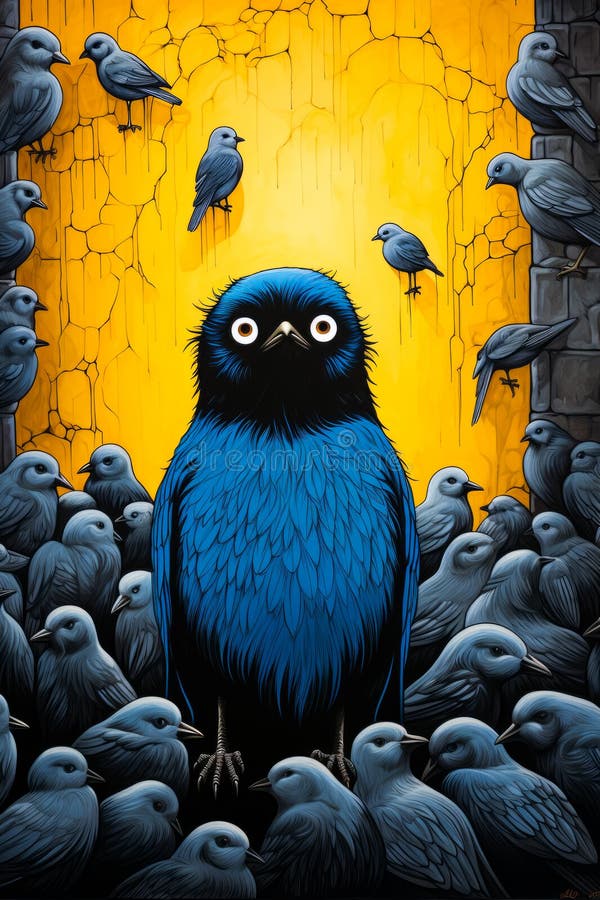 Image of Blue Bird Standing in Front of Group of Black Birds. Generative AI Stock Illustration ...