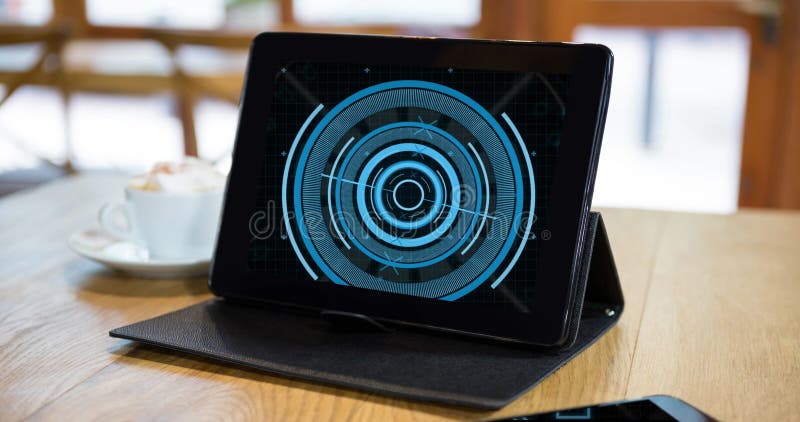 Image of Blue Circular Scanner on Black Screen of Tablet on Table in ...