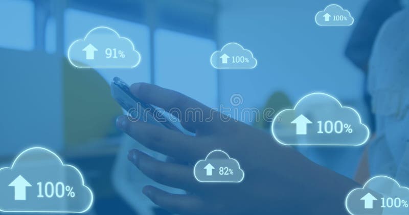 Image of Blue Clouds with Arrows Pointing Up and Percent Increasing from Zero To One Hundred ...