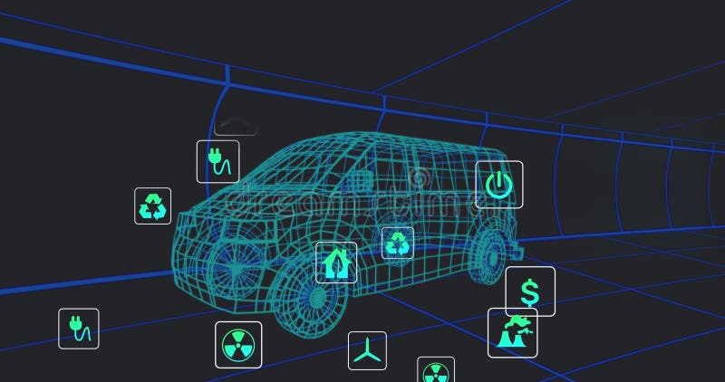 Image of Blue 3d Wire Frame Electric Van on Computer Graphic Screen ...