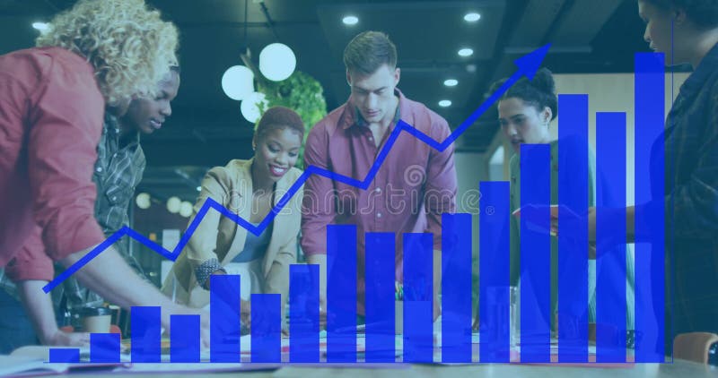 Image of Blue Diagrams Over Diverse Colleagues Discussing Work in ...