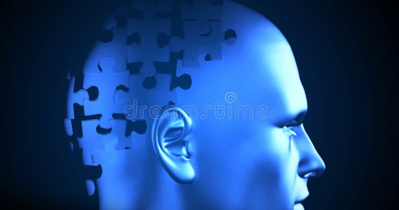 Image of Blue Human Head and Puzzle on Black Background Stock ...