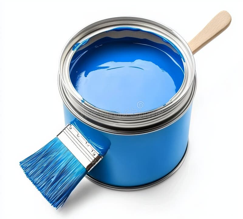 An Image of Blue Paint in a Tin Can with a Brush on Top Against a White ...
