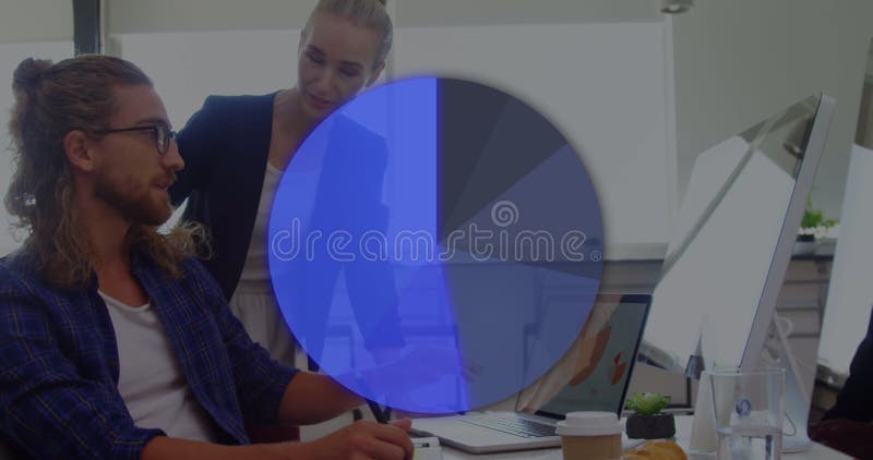 Image of Blue Pie Chart Over Caucasian Coworkers Discussing Over ...