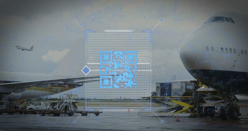 Image of a Blue QR Code Over an Airplane Taking Off Stock Image - Image ...