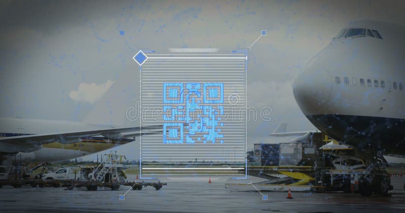 Image of a Blue QR Code Over an Airplane Taking Off Stock Image - Image ...