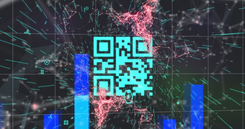 Image of a Blue QR Code Over a Red Web of Connection, Blue Graph ...