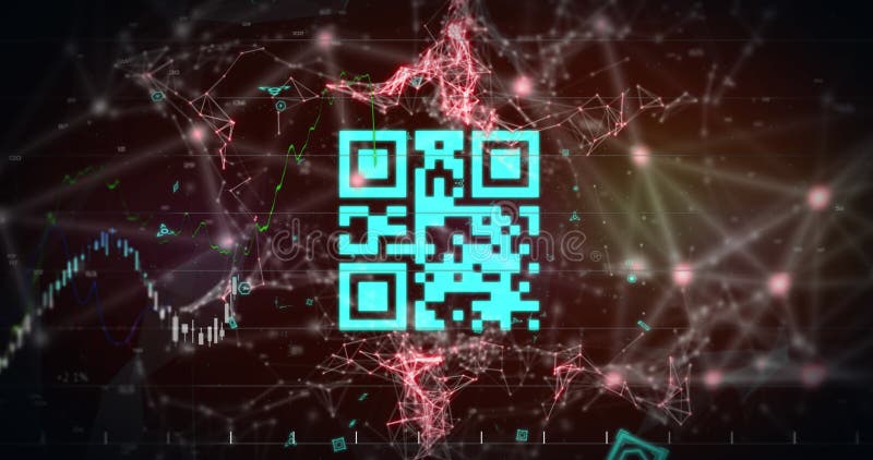 Image of a Blue QR Code with Webs of Connection Over Blue Graph ...