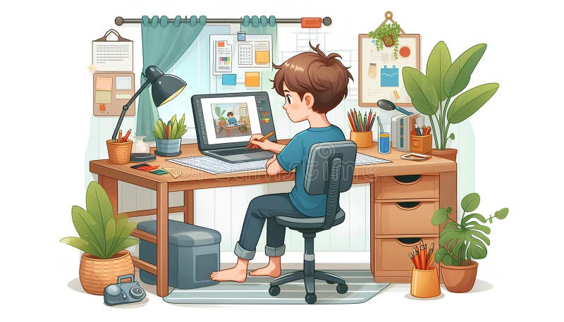 Remote Work: Boy Designing Home and Office Interiors, AI Image ...