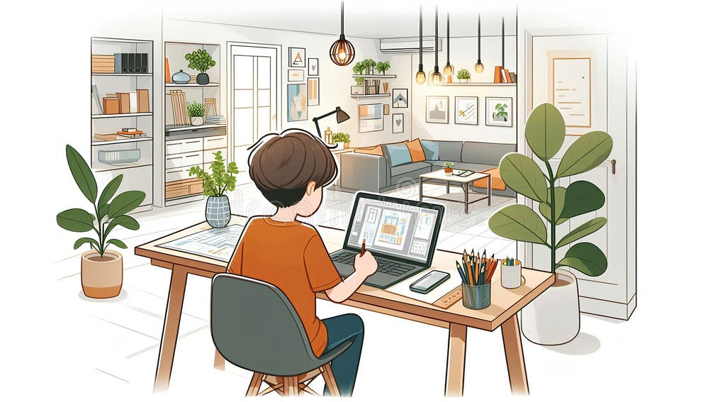 Modern Workspace: Boy Drawing Interior Designs Using Technology, AI ...