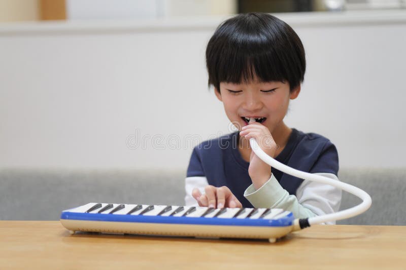 Boy Practicing Keyboard Harmonica Stock Image - Image of family, child ...