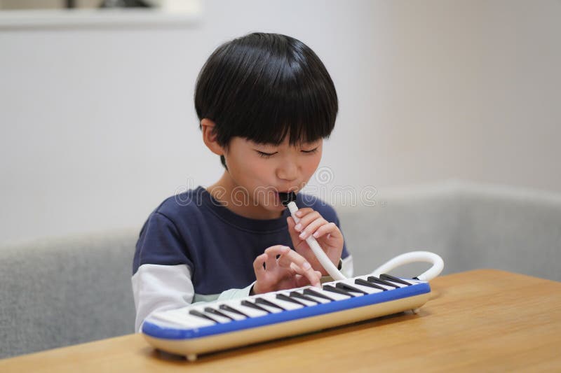 Boy Practicing Keyboard Harmonica Stock Image - Image of bright ...