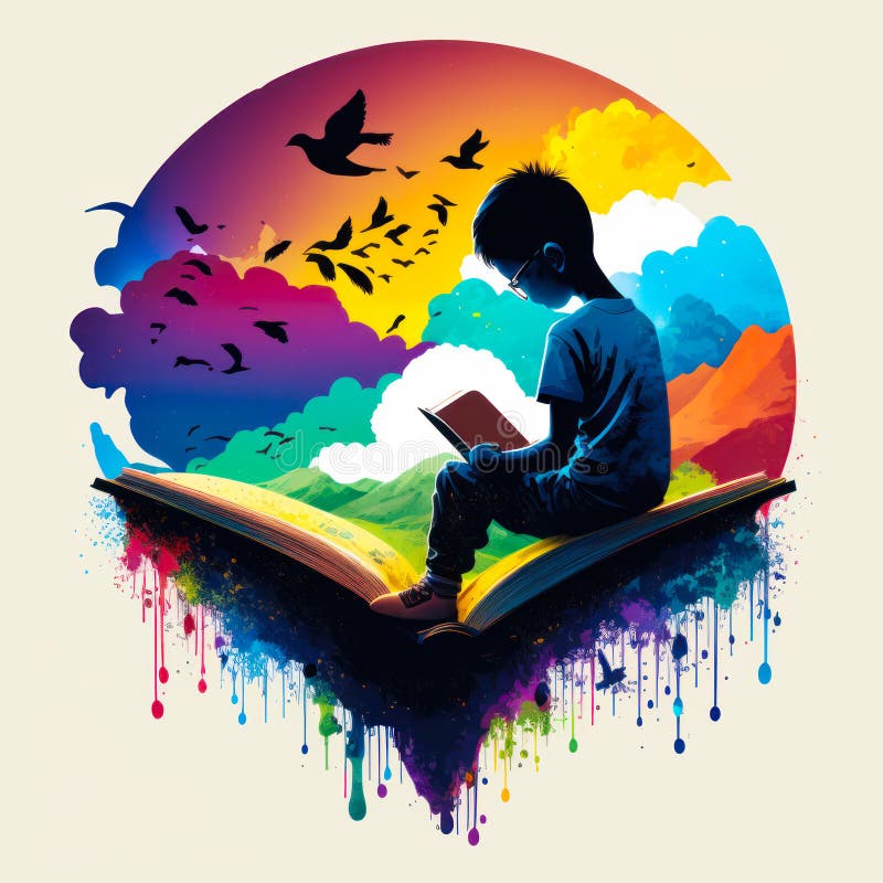 An Image of Boy Reading Book with Birds Flying Over it. Generative AI ...