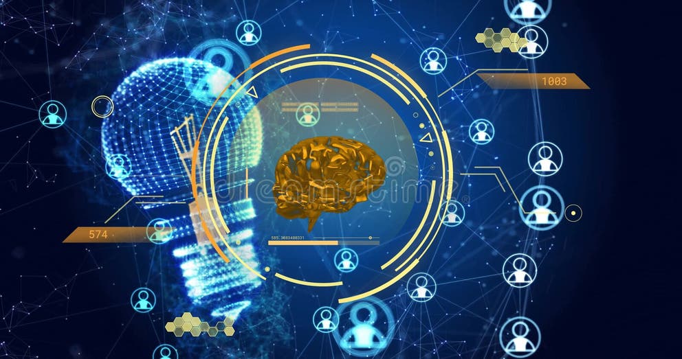 Image of Brain and Circular Scanner Over Light Bulb and Network of ...