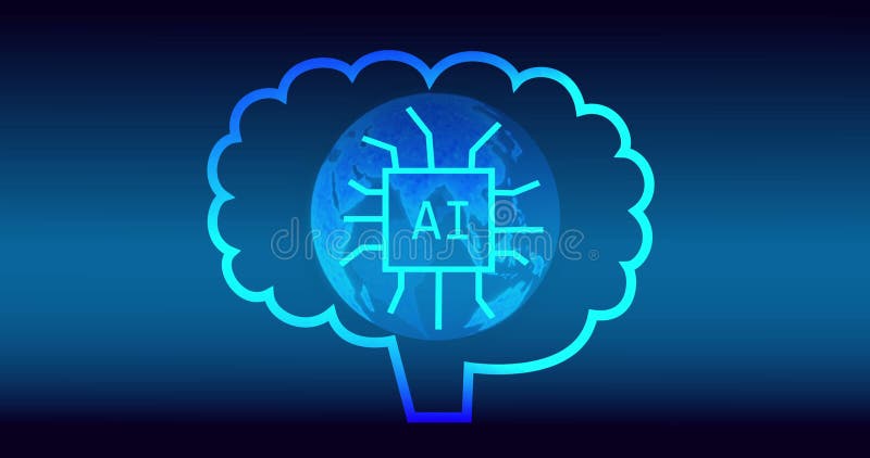 Image of Brain with Globe and Ai Text Over Landscape Icons on Blue ...