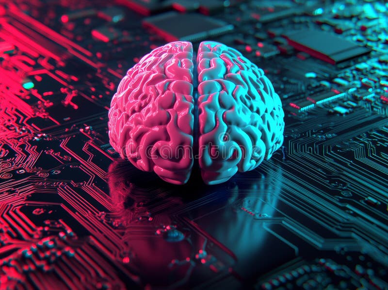 In the Image, a Brain is Shown with a Circuit Board Behind it Stock ...