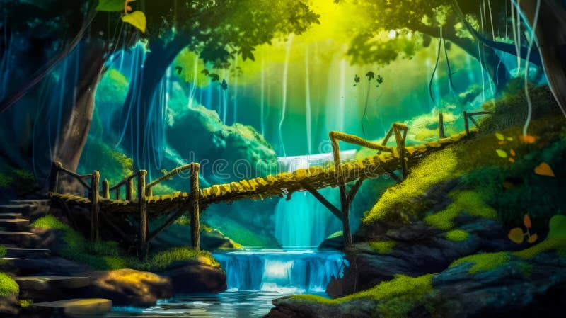 An Image of Bridge Over Waterfall in the Forest. Generative AI Stock ...