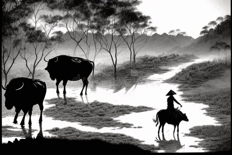 Image of the Buffalo Riding in the Agriculture Countryside As the Means ...