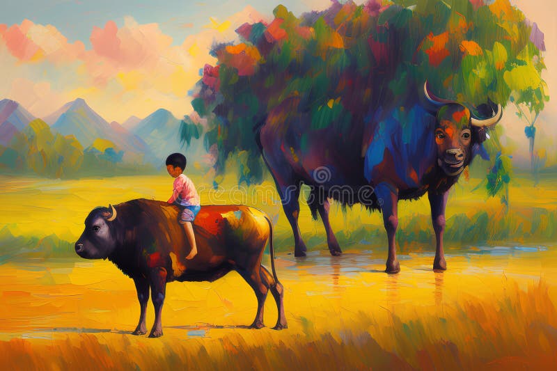 Image of the Buffalo Riding in the Agriculture Countryside As the Means ...